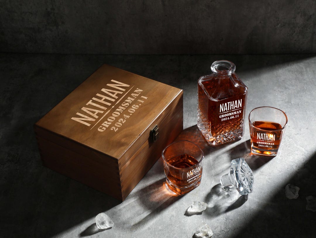 Custom Decanter Set With Brown Wood Box, Personalized Whiskey Set for ...