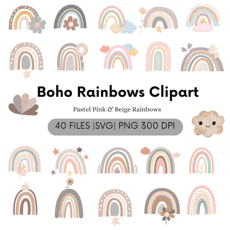 Boho Rainbows Clipart SVG, Beige Rainbow PNG Bundle, Baby Kids Nursery ...