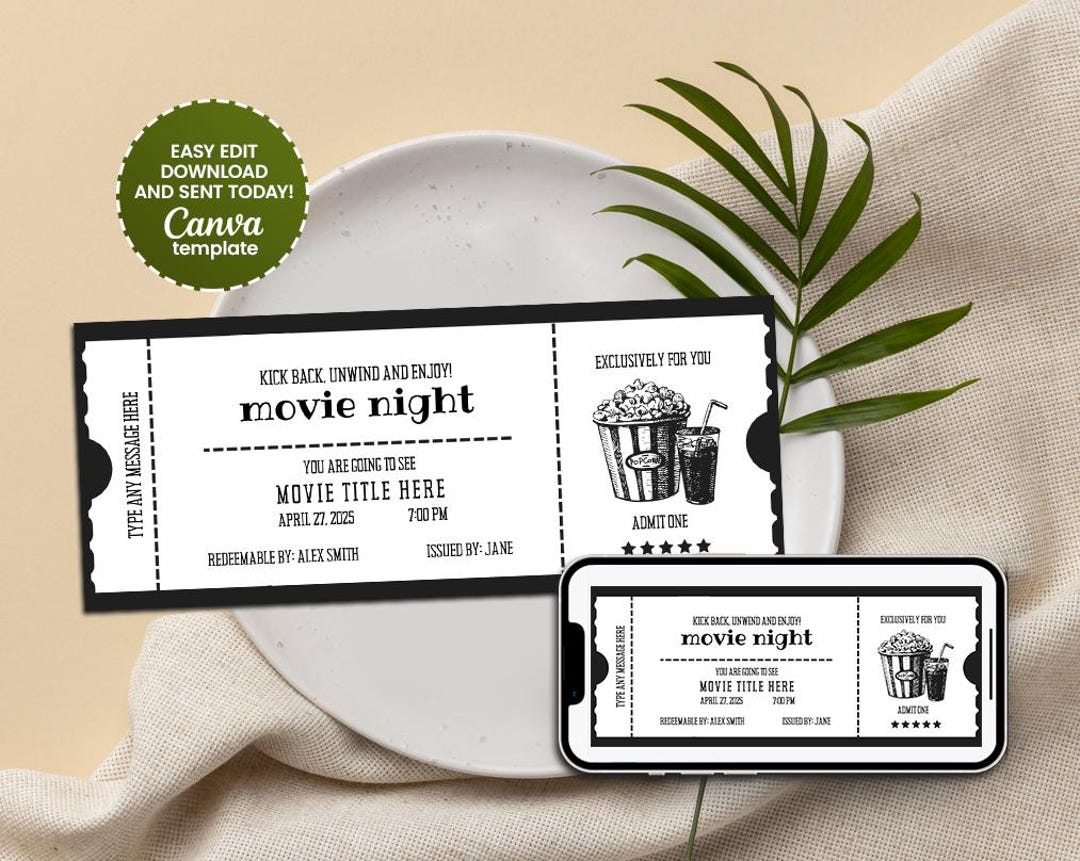 Editable Movie Night Coupon, Personalized Movie Ticket Voucher, Digital ...