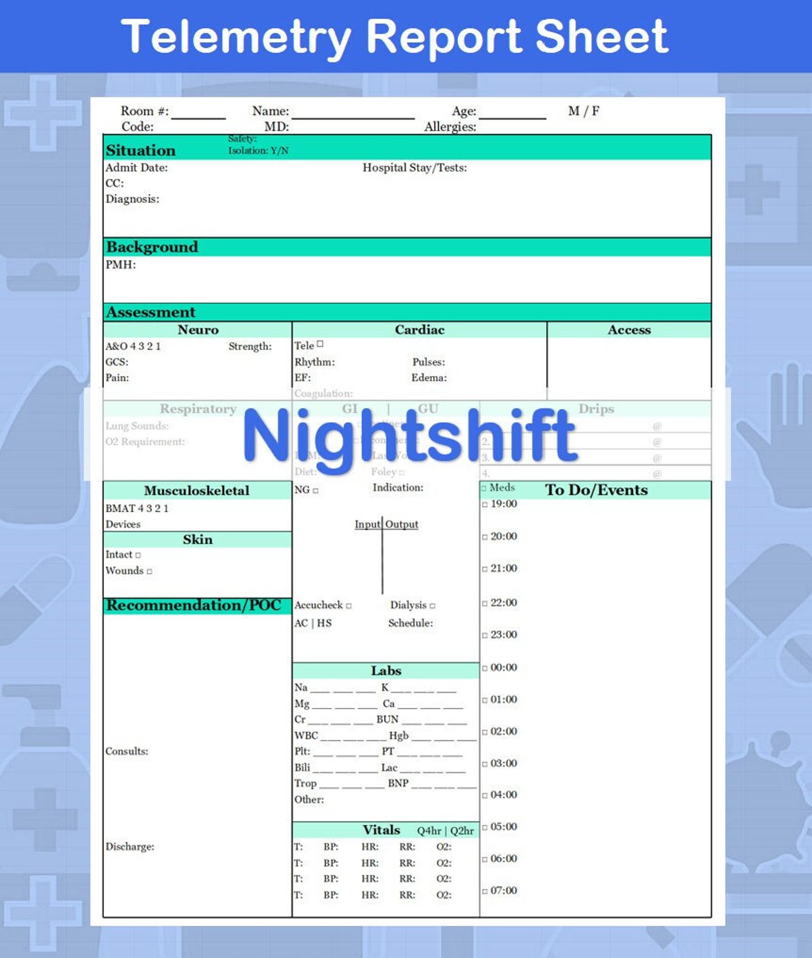 SBAR Telemetry Report Sheet nightshift - Etsy