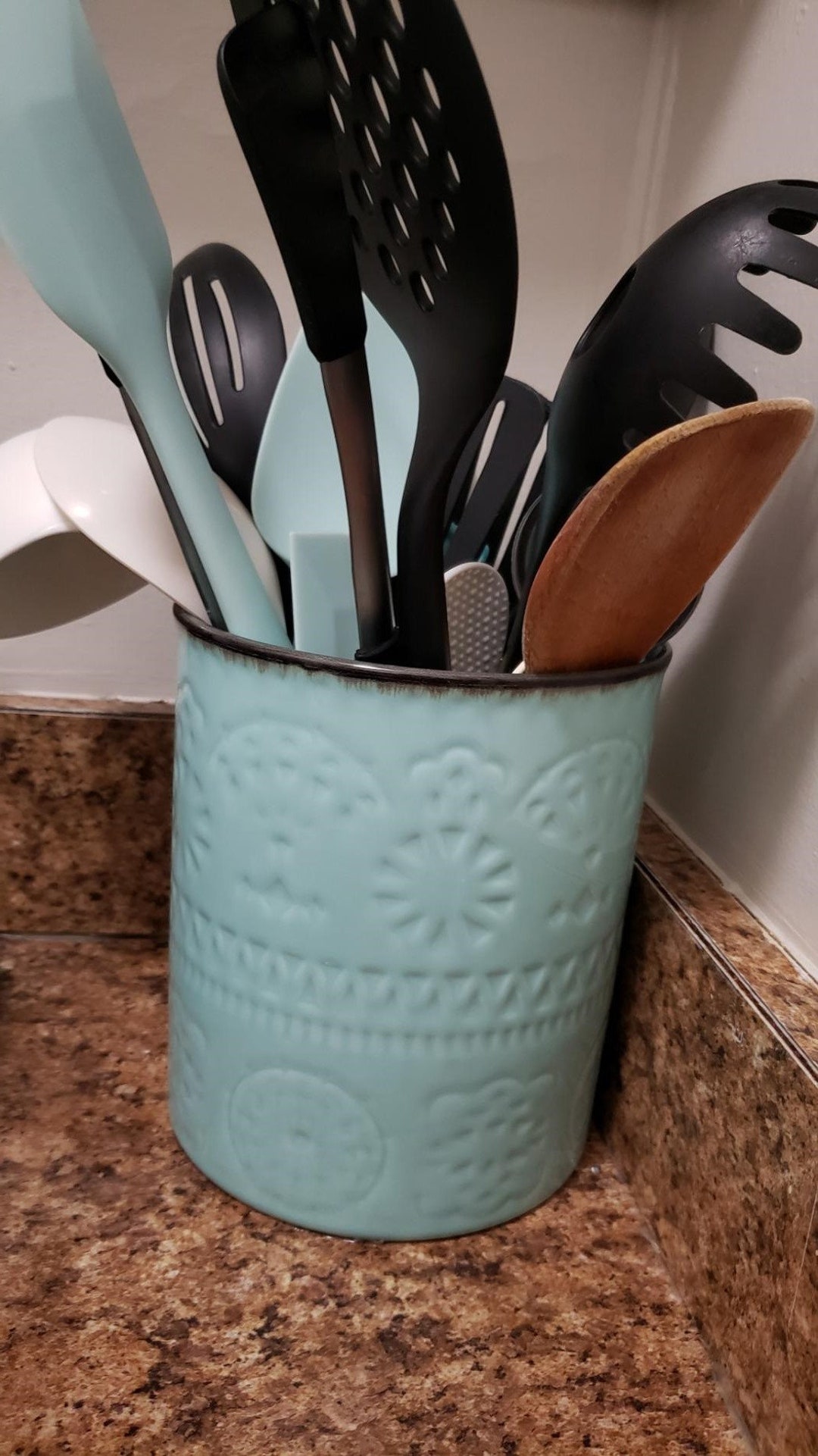 Ceramic Kitchen Utensil Holder for Countertop Organizer Turquoise Color ...