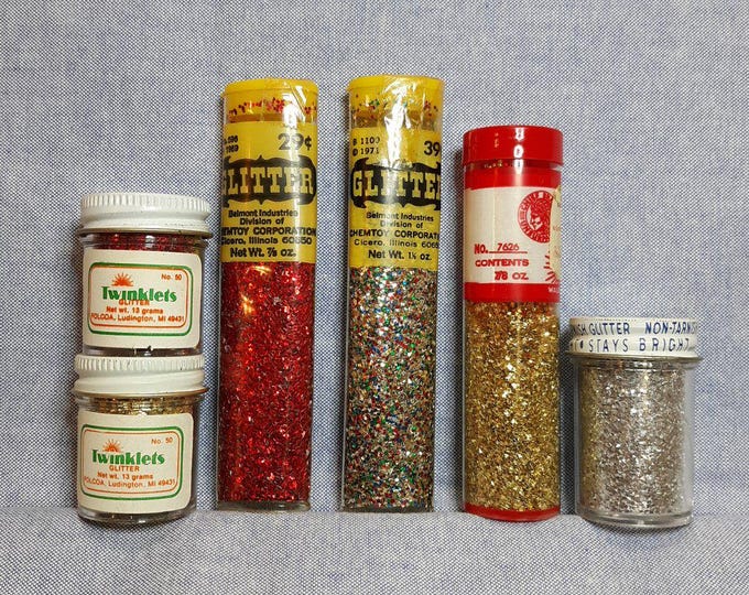 Vintage Glitter in Silver, Gold, Red and Multi-color, Plastic Tubes & Jars With Shaker; Lot of 6 ...