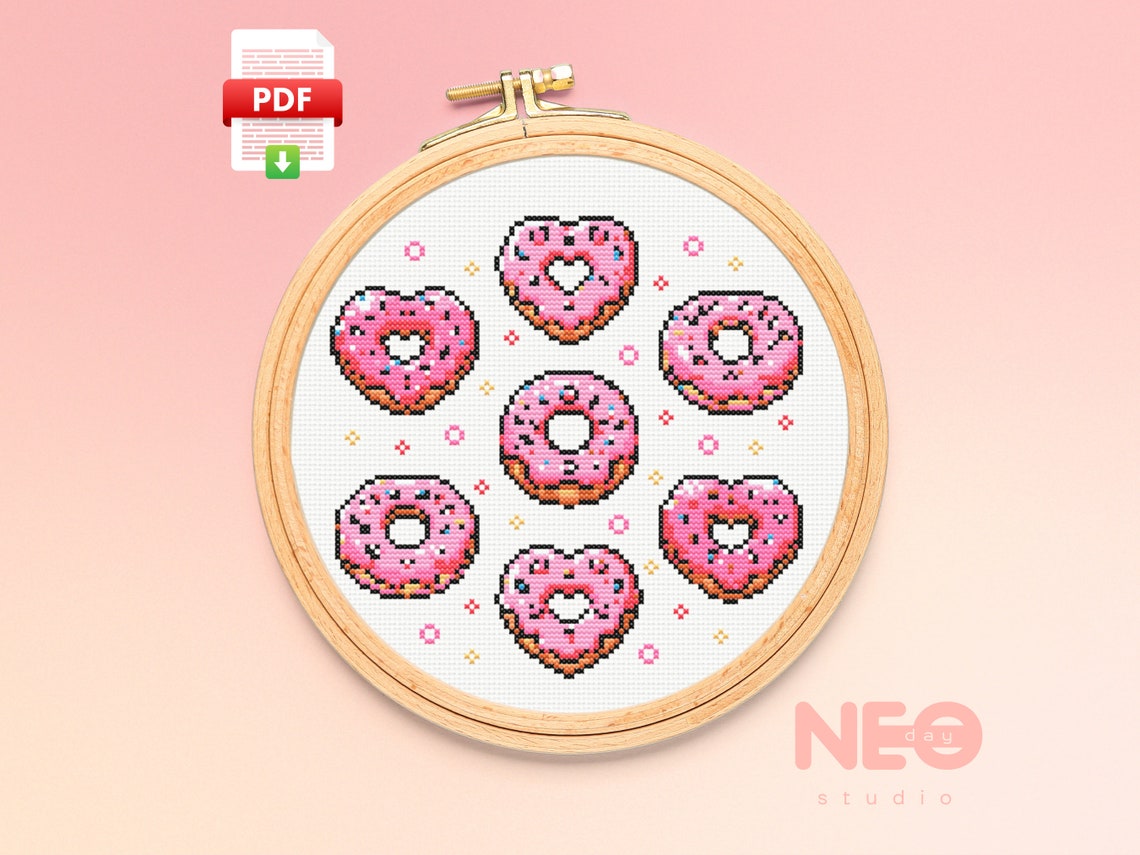 Pink Donut Cross Stitch Pattern PDF Downloadable Cute Kawaii Beginner ...