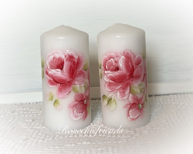 One Shabby Chic White 5” PILLAR Candle Hand Painted Deep Red Pink Roses ...