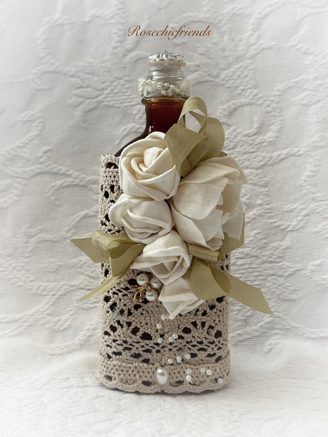 Upcycled Amber Perfume Decorative Bottle Shabby Chic Lace Vintage ...