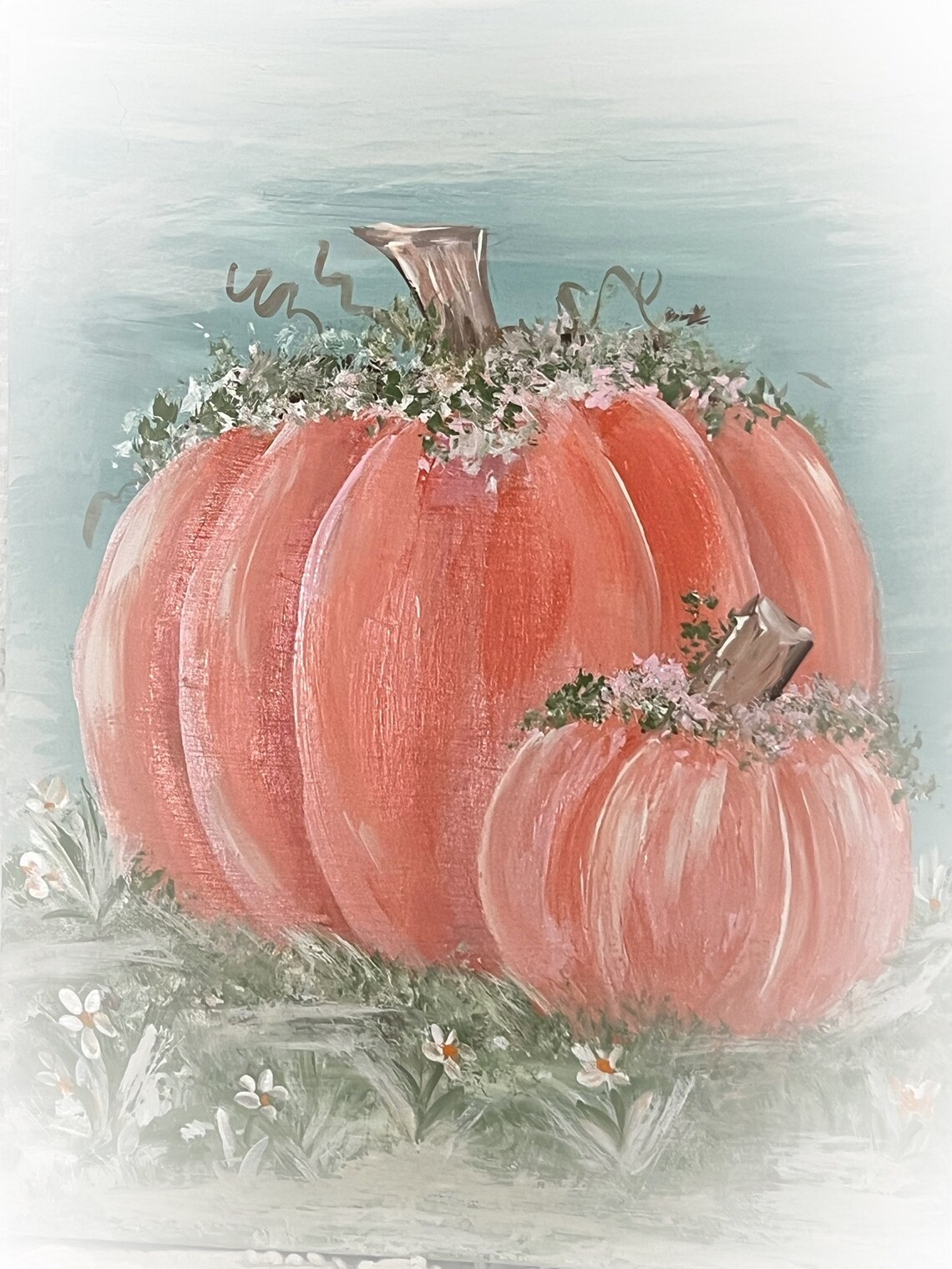 12x9 Coral Pink Pumpkin Original Art Painting Shabby Chic Fall Hand ...