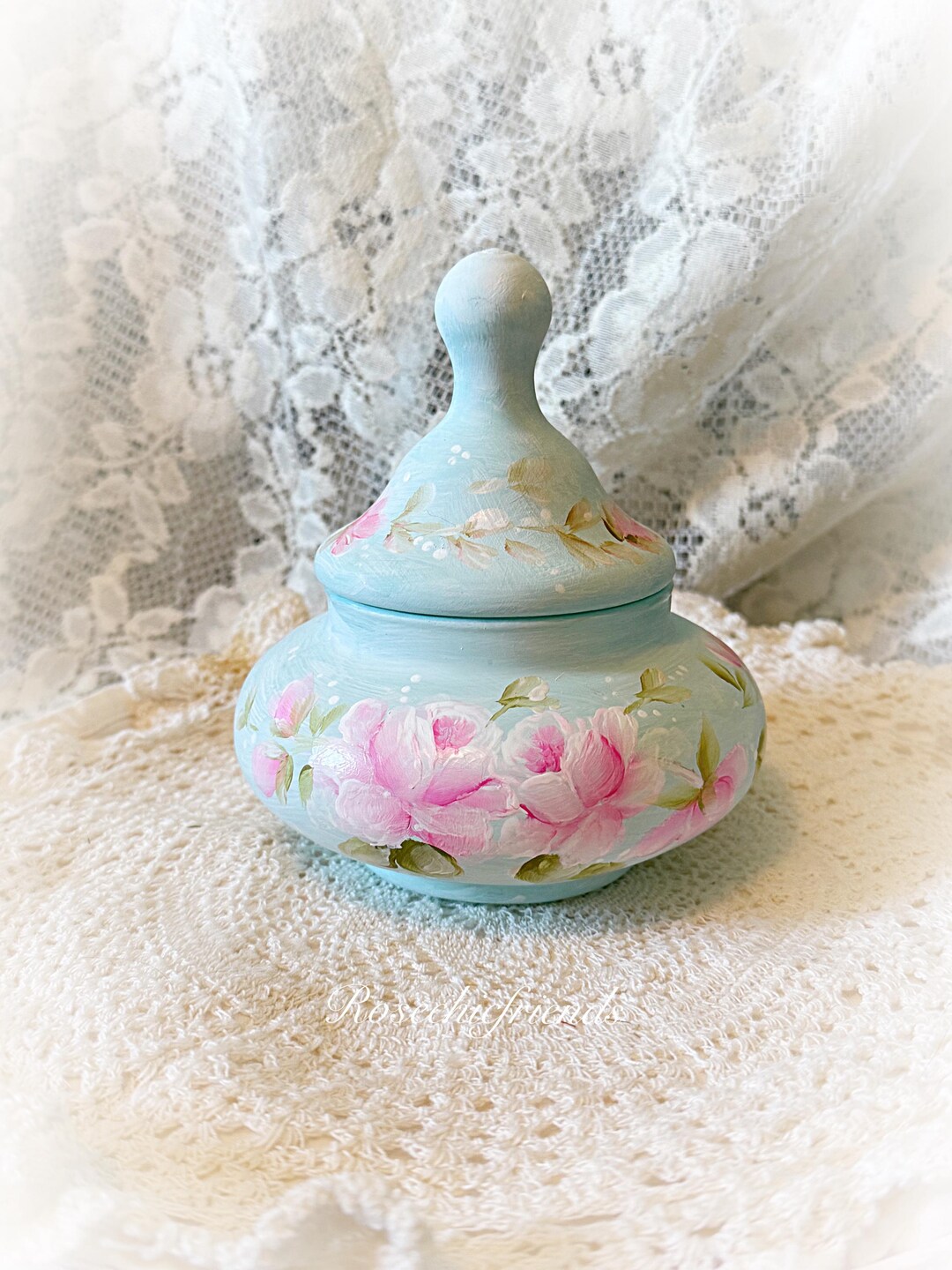 Pale BLUE Glass Candy Jar Hand Painted Pink Roses - Etsy