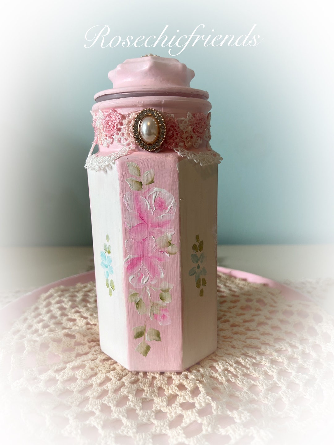PINK Octagonal Shaped Glass Candy Jar Hand Painted Pink Roses Shabby ...