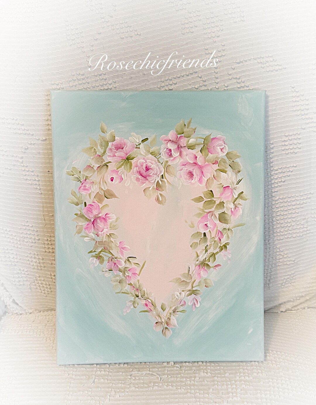 Aqua HEART Wreath Hand Painted PINK Roses 14x11 Stretched Canvas Art ...