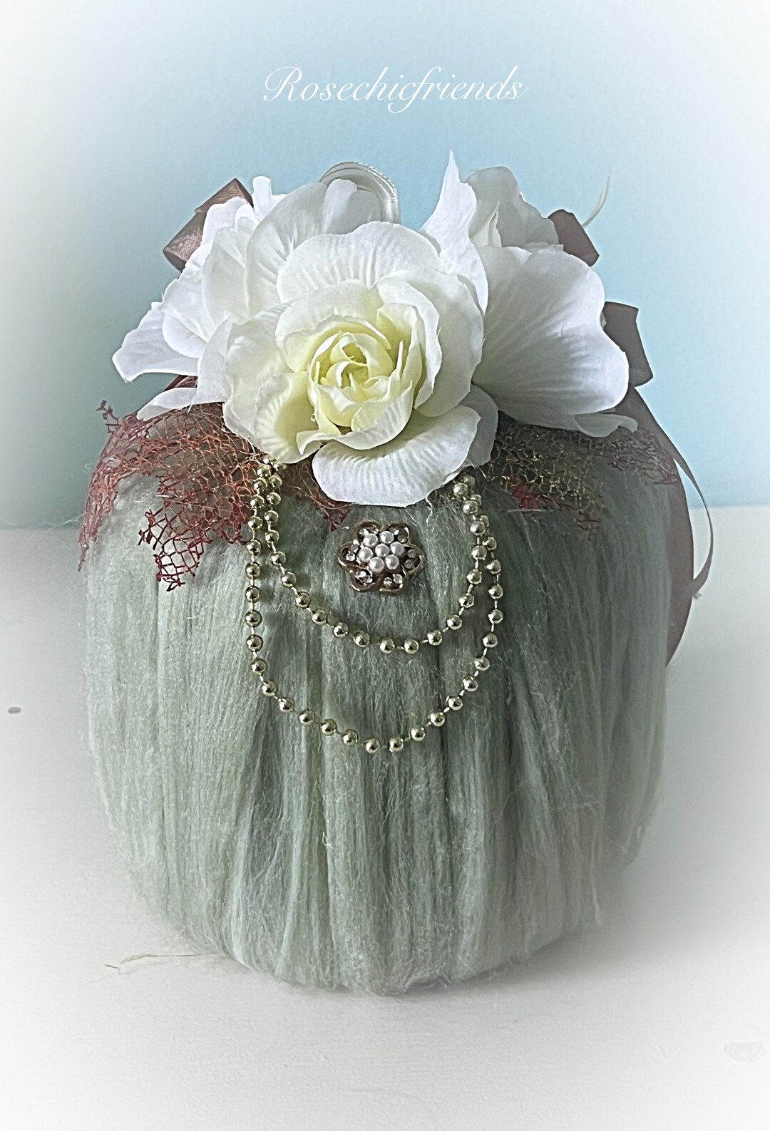 8” Green Fury Chenille Cotton Candy Yarn Wrapped Pumpkin Decor Cream ...