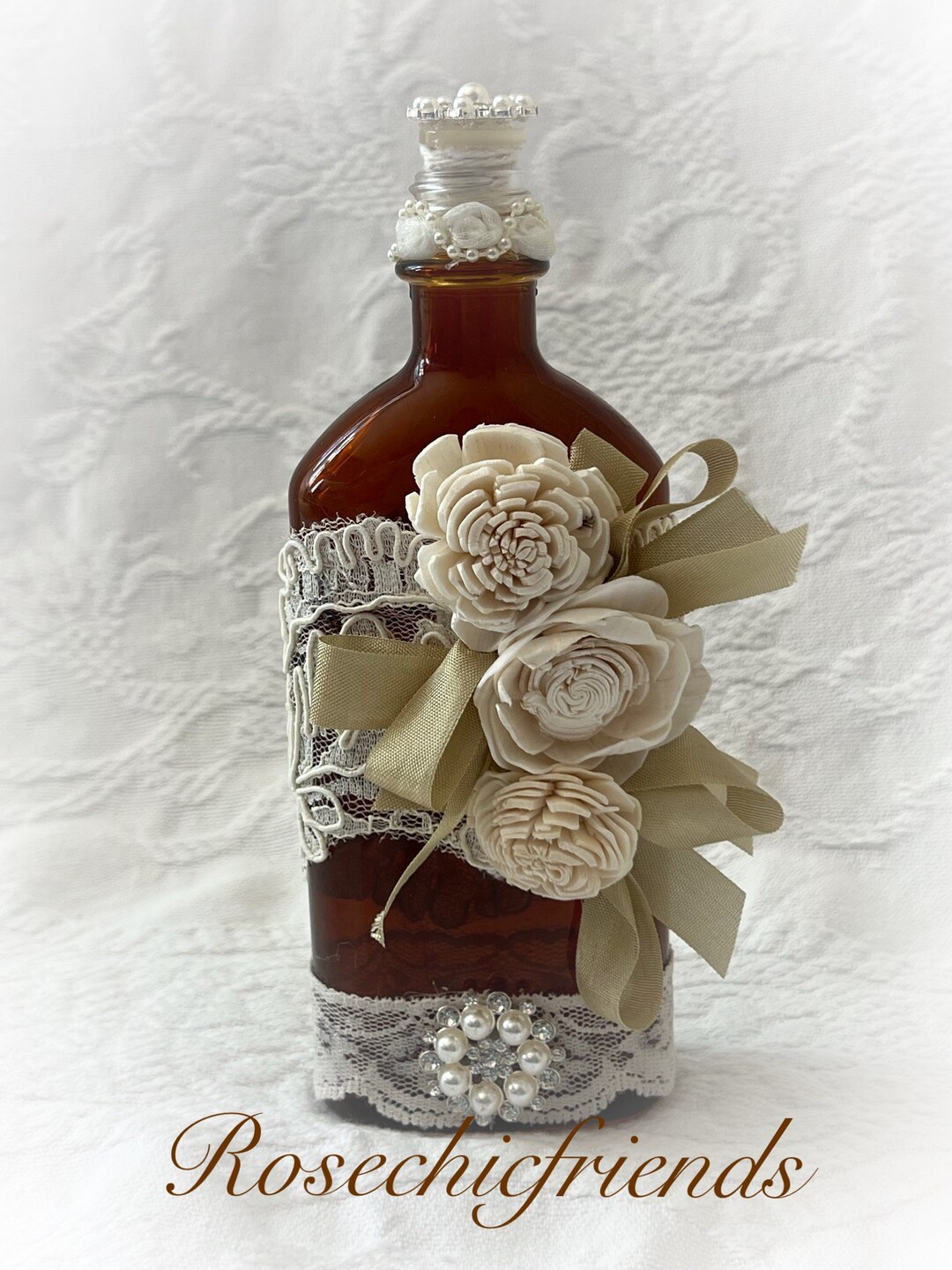 Upcycled Amber Perfume Decorative Bottle Shabby Chic Lace Vintage ...