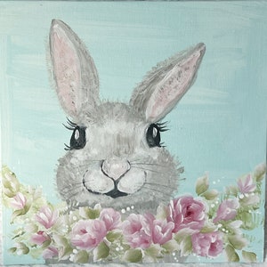 8x8 Canvas Board Bunny Rabbit Painting With Roses Shabby Chic Hand ...