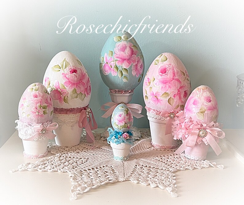 6” Large Pale Pink EGG on Pot Hand Painted PINK Roses Easter Spring ECS ...