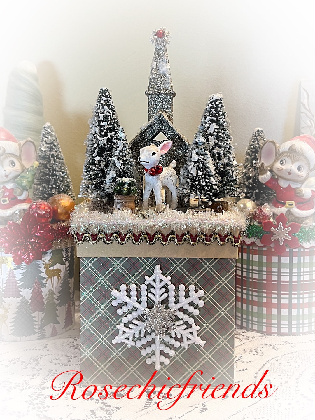 Red/green Centerpiece Decoration Box Diorama Christmas Glitter Gold ...