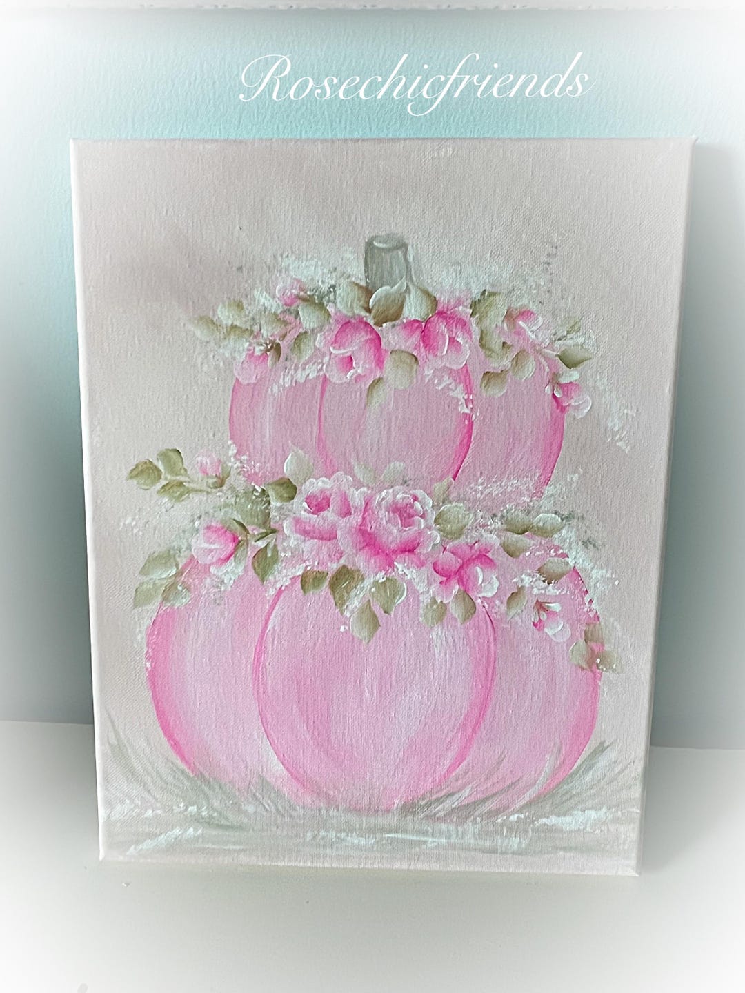 14x11 PINK Stacked Pumpkins Original Art Painting Shabby Chic Roses ...