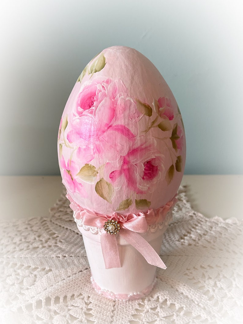 6” Large Pale Pink EGG on Pot Hand Painted PINK Roses Easter Spring ECS ...