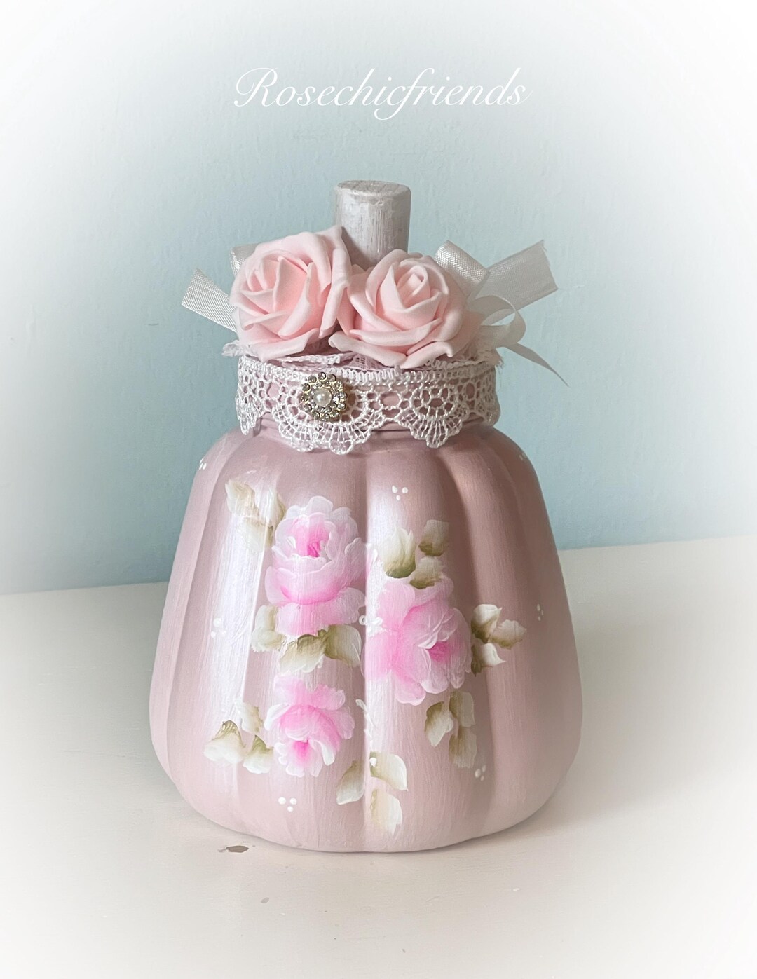 6” Aqua Pink Glass PUMPKIN Candy Jar Shabby Chic Fall Hand Painted PINK ...