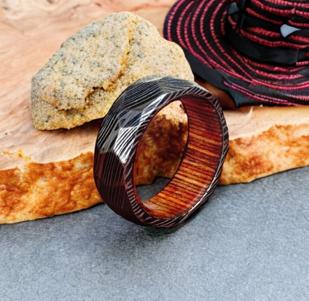 Damascus Steel Whiskey Barrel Rock Hammered Diamond Cut Ring Engagement Ring Promise Ring Wood ...