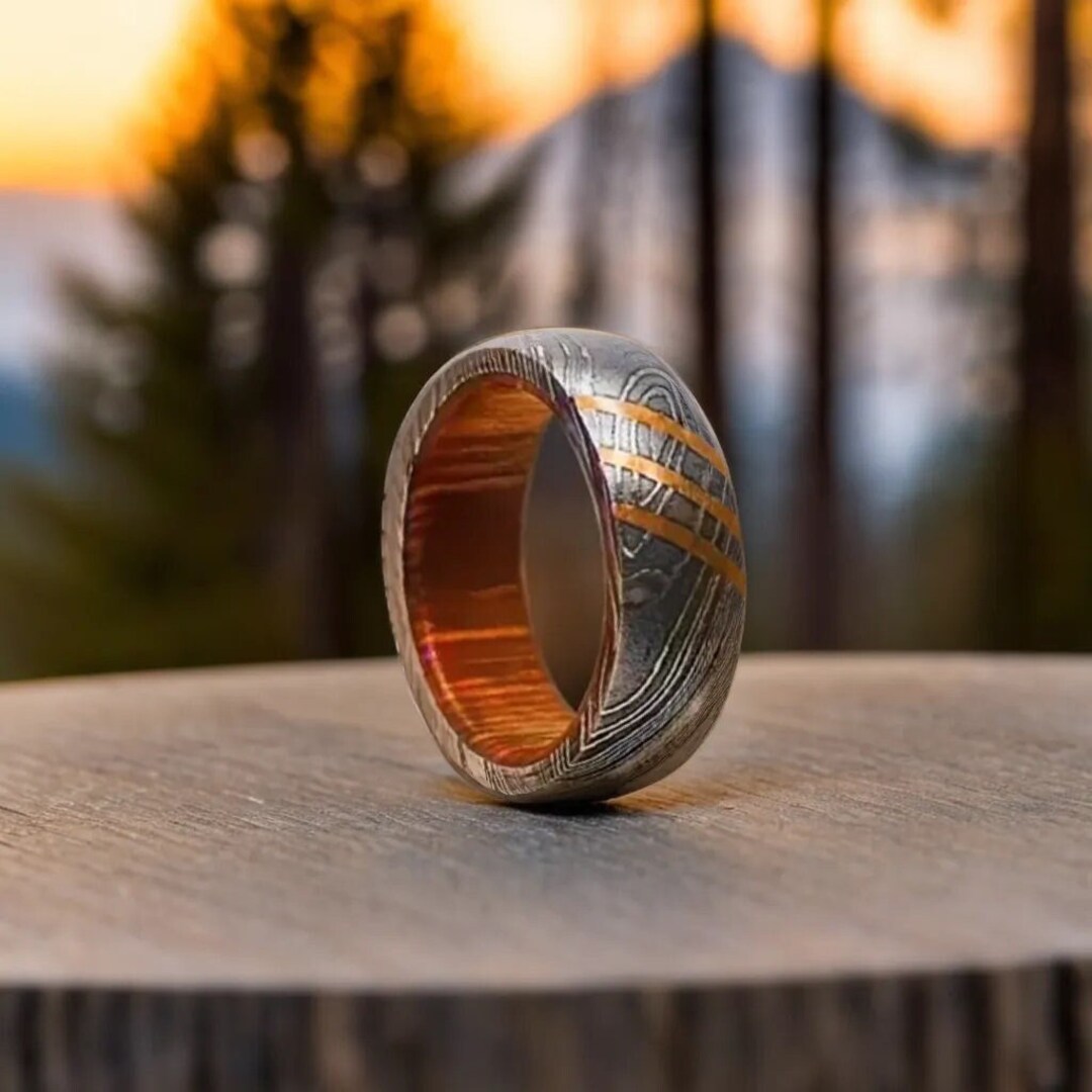 Damascus Steel Whiskey Barrel Steel Rings Wedding Band Dome Promise ...