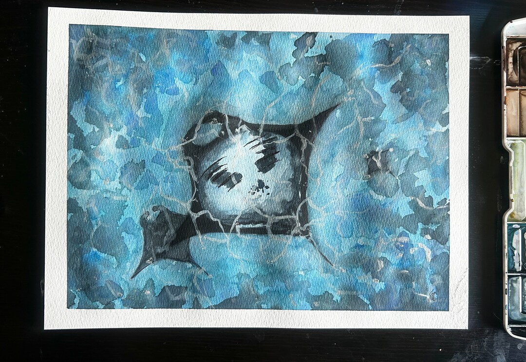 Manta Rays Original Metallic Watercolor Painting, 9inx12in, Ocean Art ...