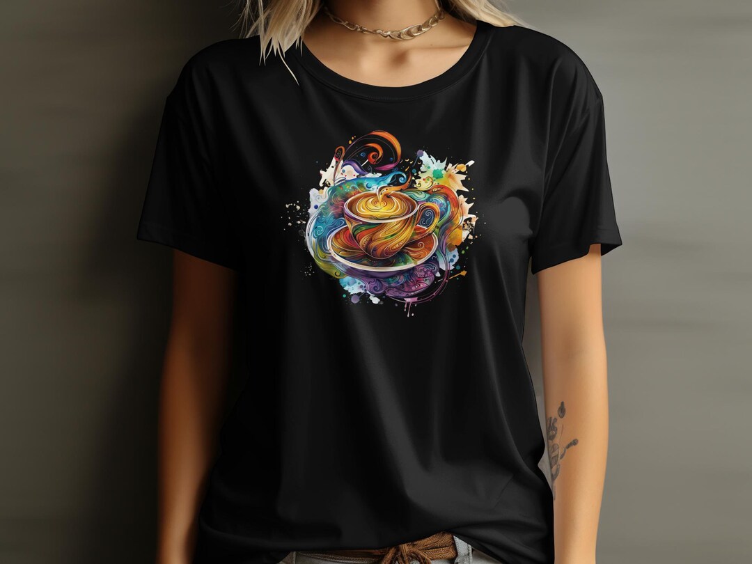 Colorful Abstract Coffee Cup Design T-shirt, Vibrant Artistic Tee ...