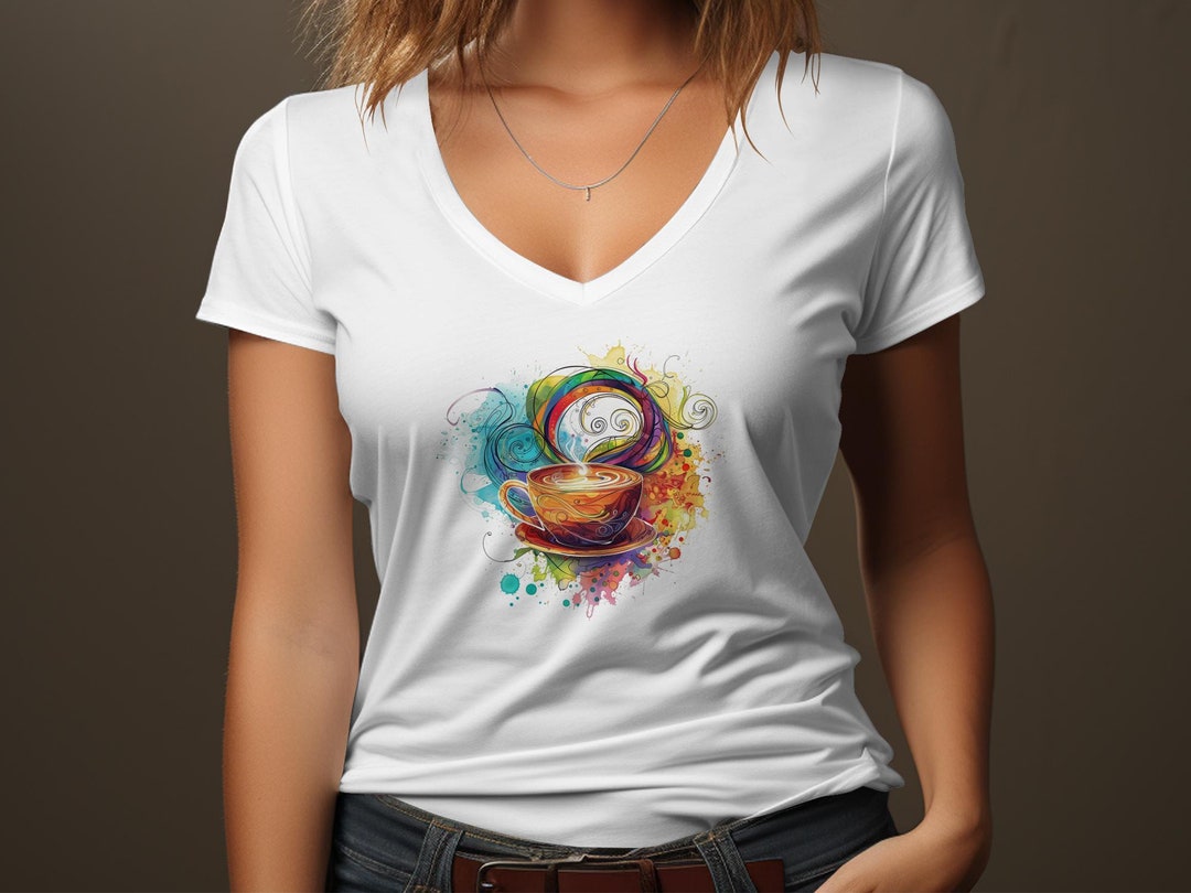Colorful Abstract Coffee Cup Design T-shirt, Vibrant Artistic Tee ...