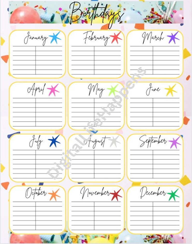 Birthday Tracker, Yearly Birthdays, Birthday Calendar - Etsy