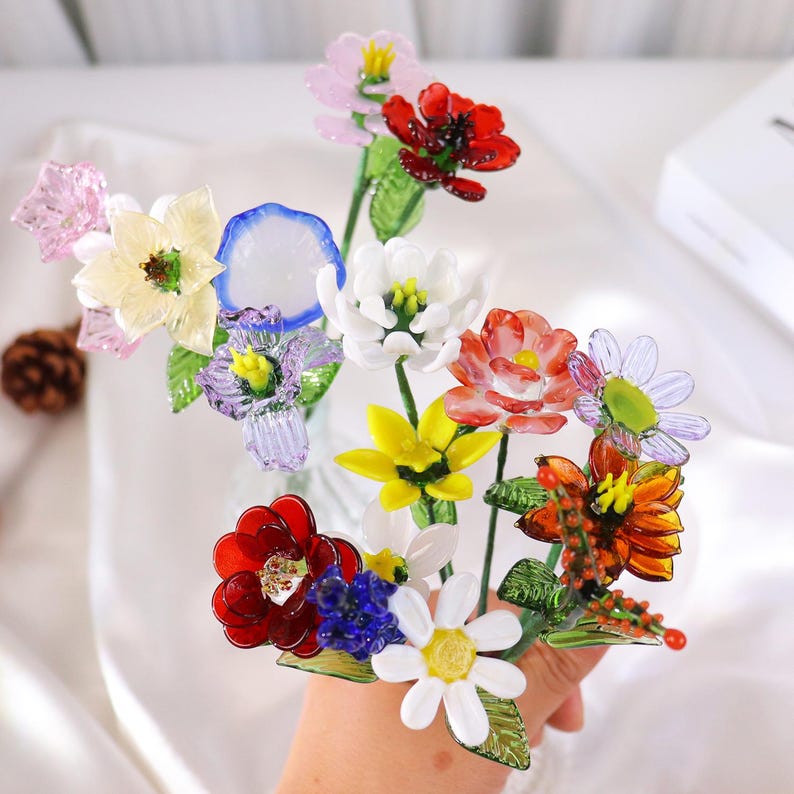 Hand Blown Glass Flower Bouquet, Birth Month Bloom, Spring Keepsake ...