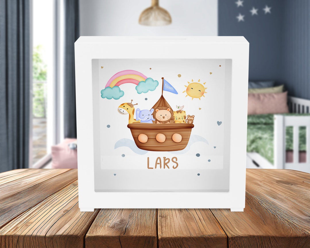 Wooden Money Box - Noah's Ark - Animals - Blue Flag - Personalized ...