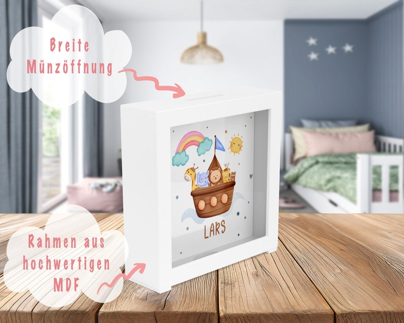 Wooden Money Box - Noah's Ark - Animals - Blue Flag - Personalized ...