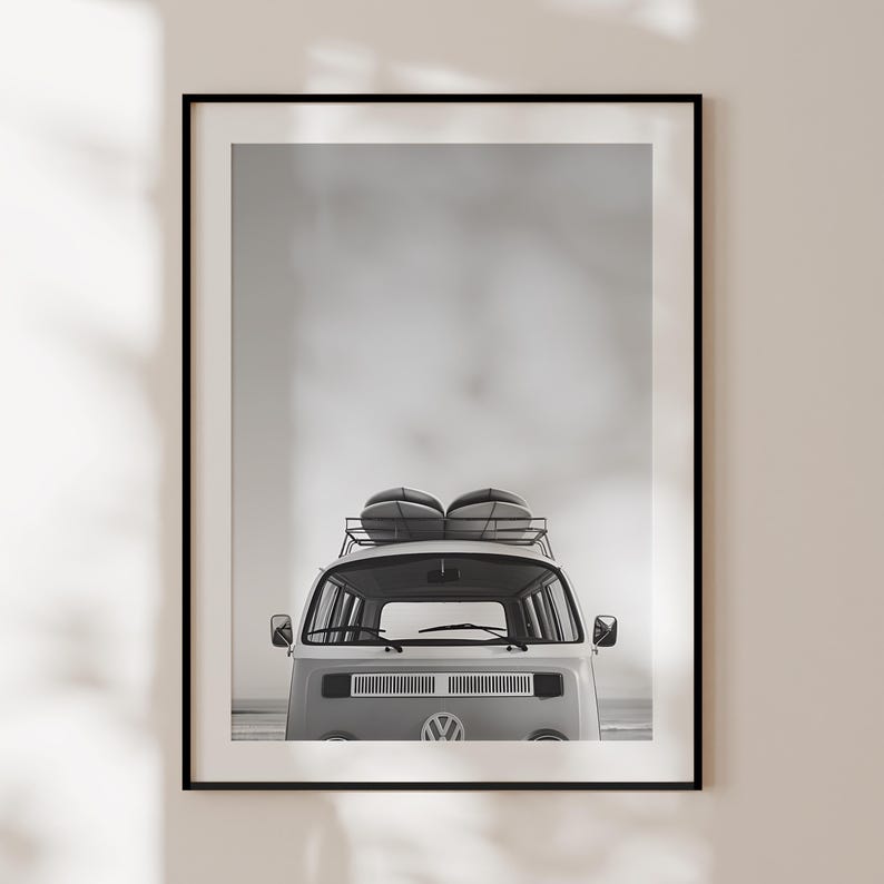 Retro Vanlife Poster, Vintage Black and White VW Bus Print, Surf Wall Art, Traveler Photography ...