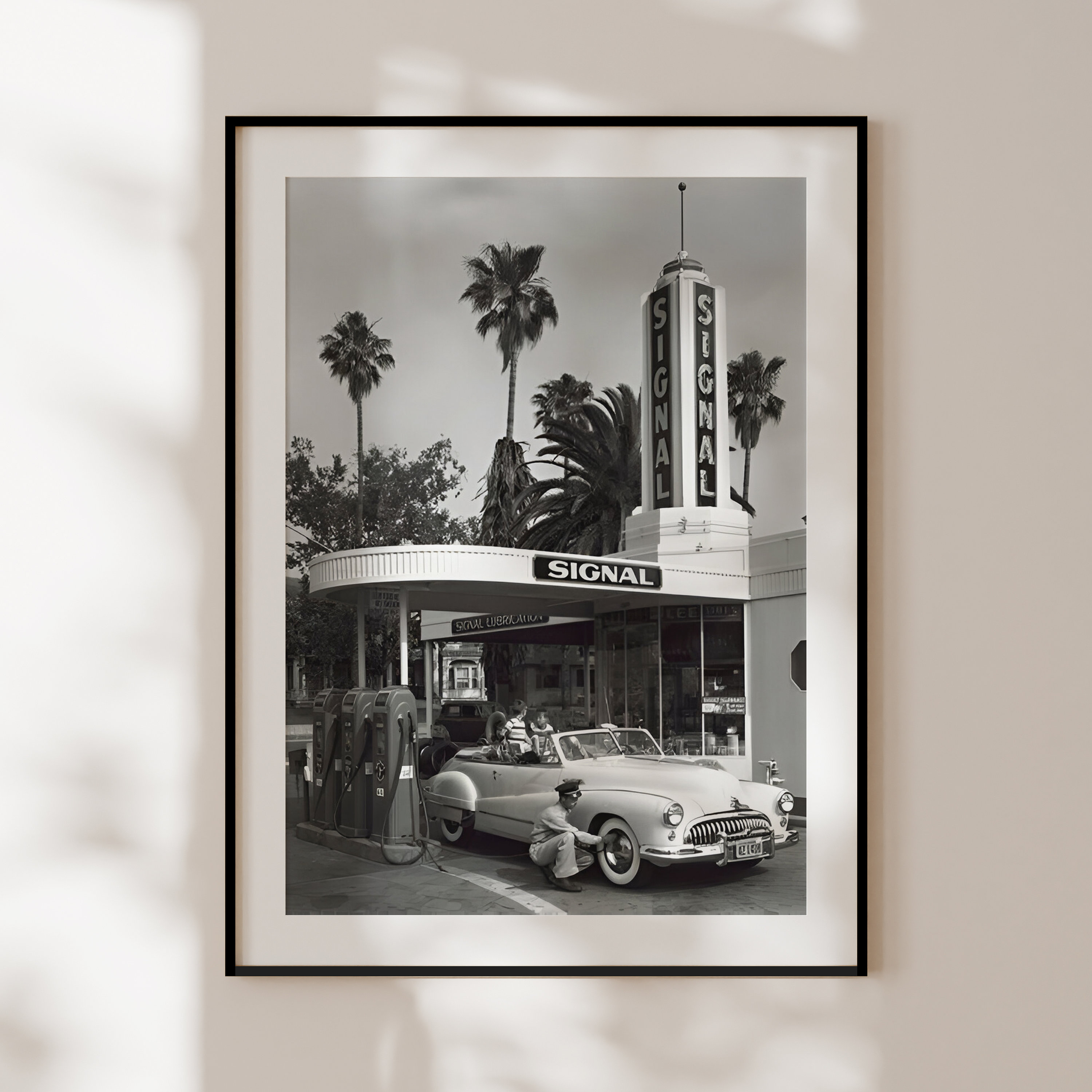 Vintage Gas Station Poster, Retro Black and White Print, Classic Car ...