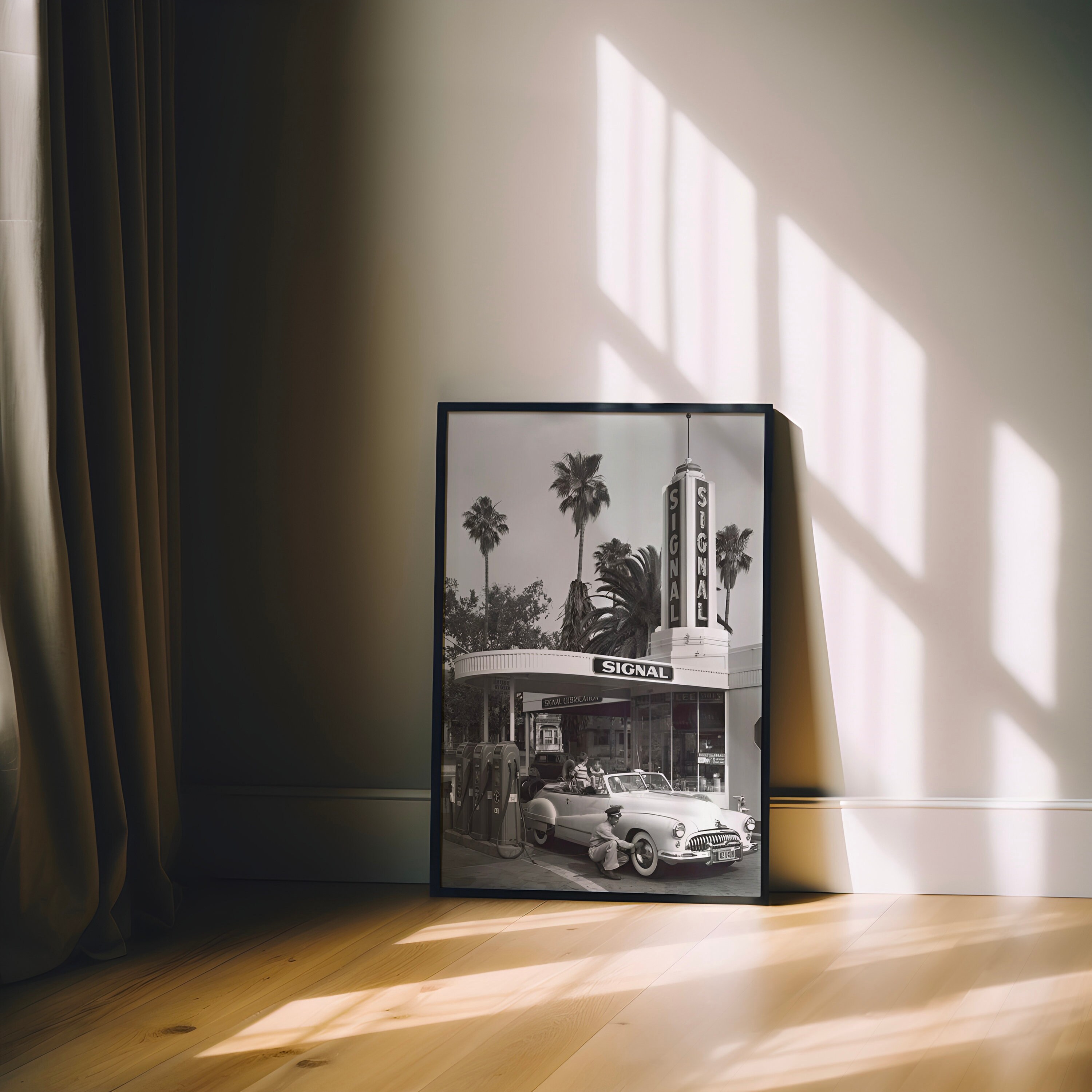 Vintage Gas Station Poster, Retro Black and White Print, Classic Car ...