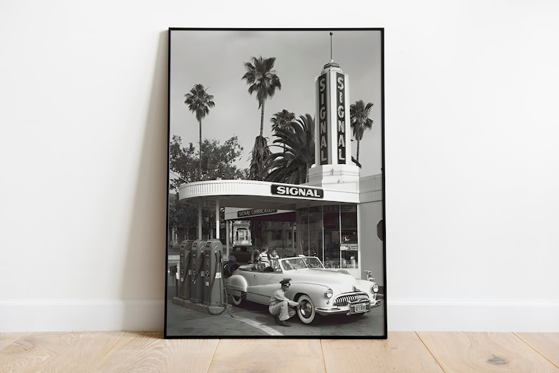 Vintage Gas Station Poster, Retro Black and White Print, Classic Car ...