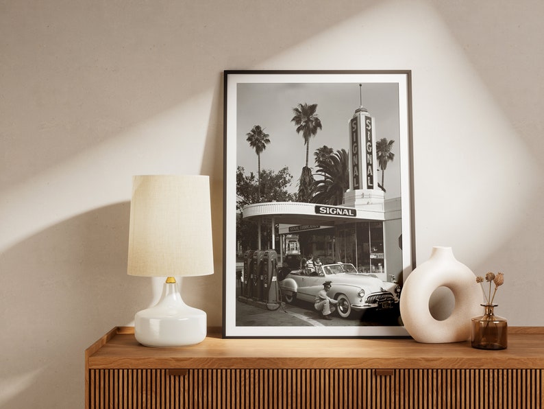Vintage Gas Station Poster, Retro Black and White Print, Classic Car ...