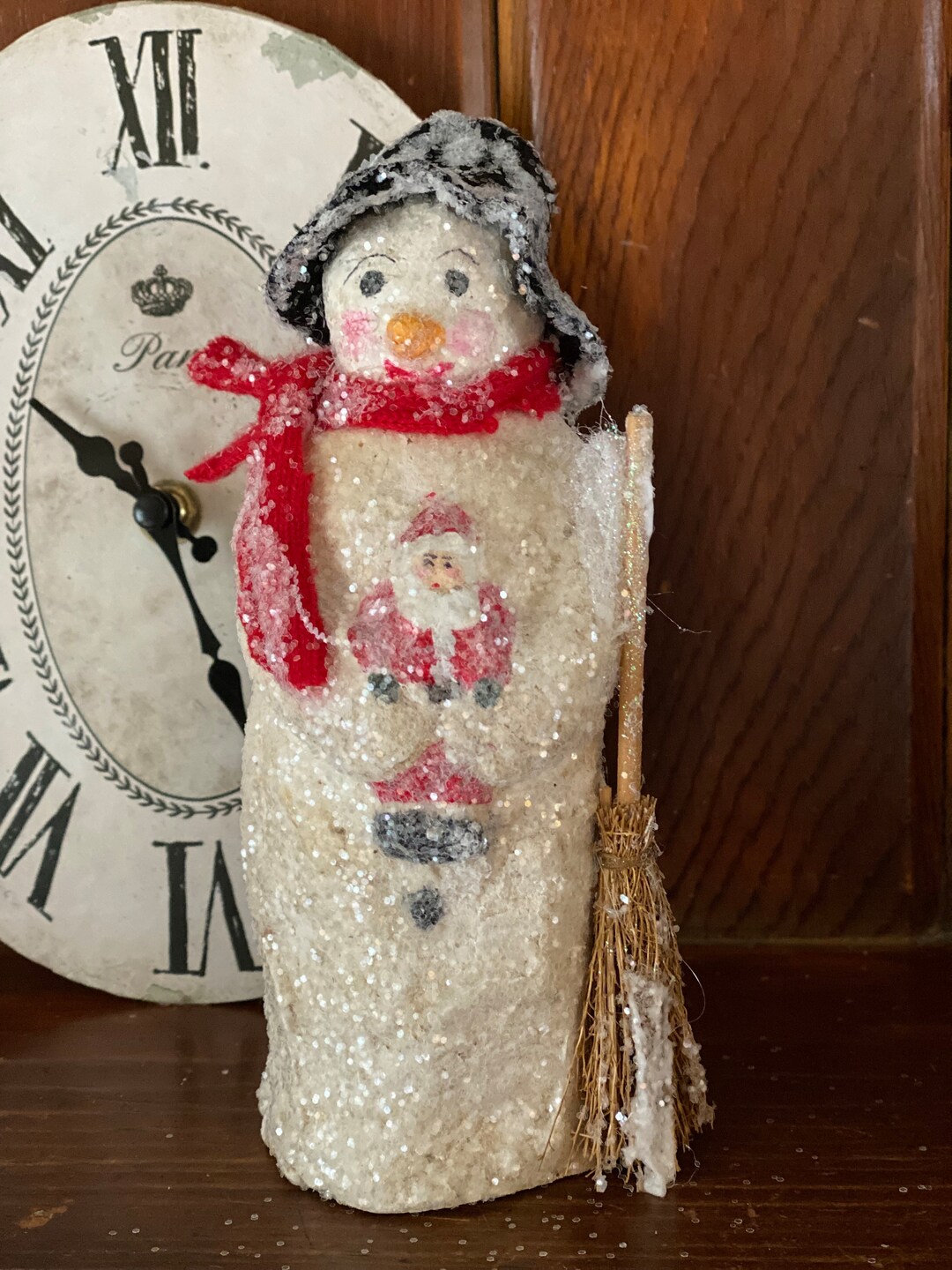 Snowman Teena Flanner Original With Santa or Belsnickle Folk Art Papier ...