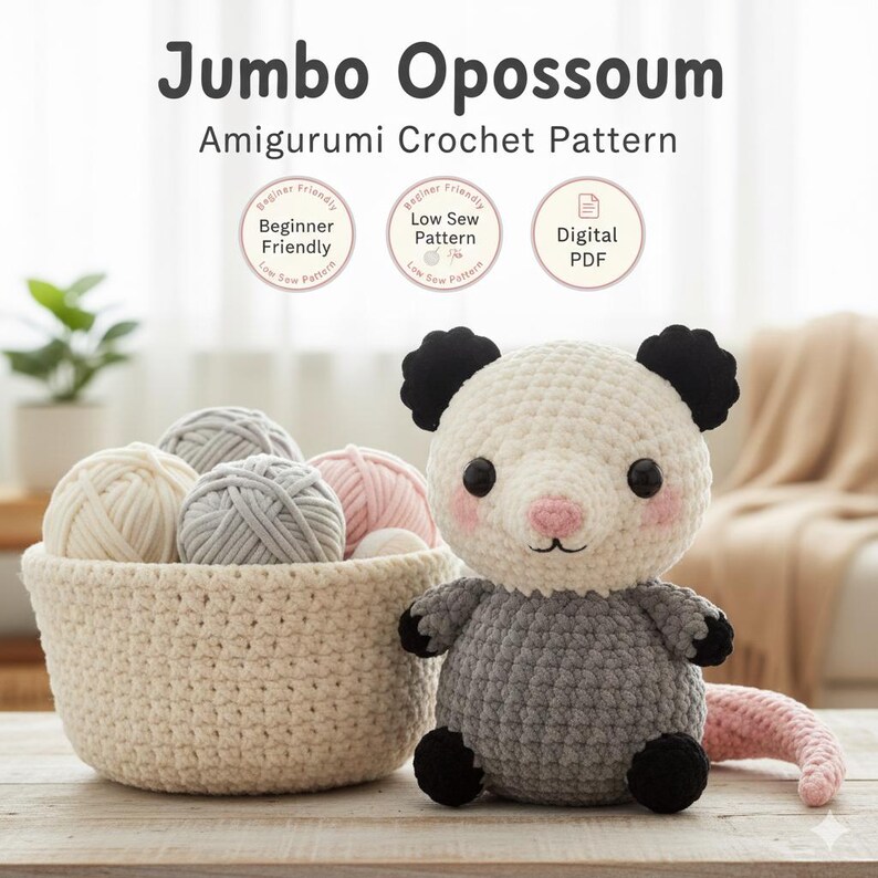Jumbo Opossum Amigurumi Crochet Pattern | Low Sew Plush Toy (PDF) - Etsy