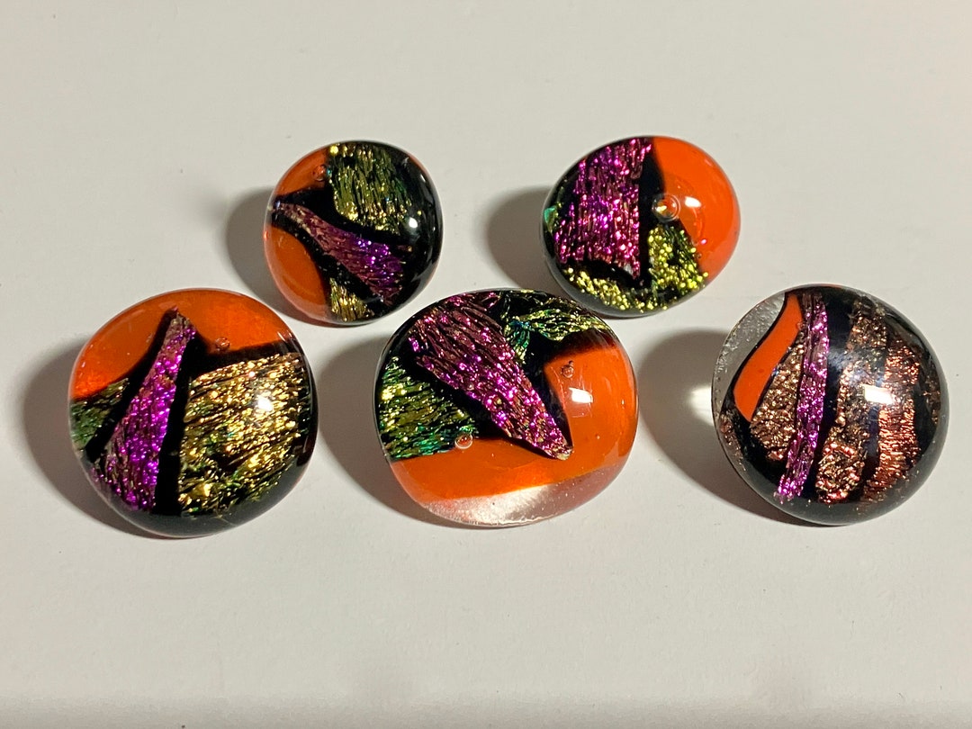 Orange Pink Dichroic Fused Glass Buttons, Set of 5 Art Glass 3.4 ...