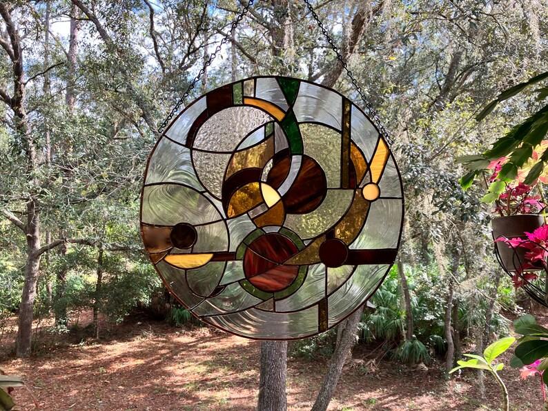 Earth Tone Geometric Abstract Stained Glass Art Window Hanging - Etsy