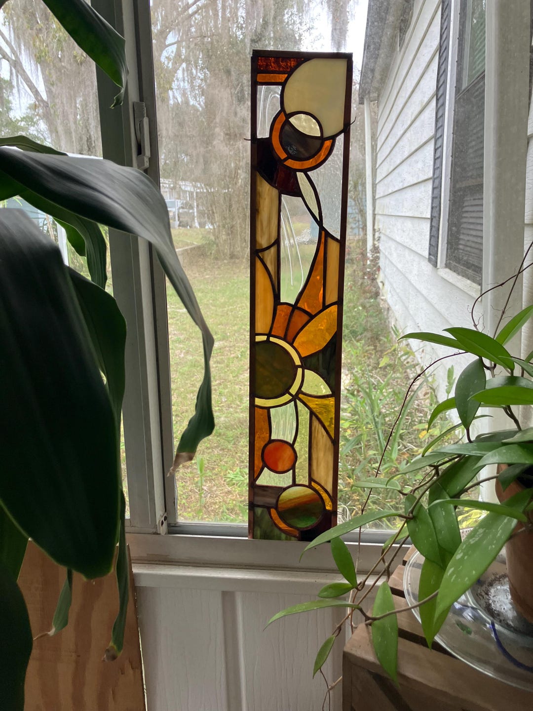 Amber/golden Earth Tone Stained Glass Panel, Vertical or Horizontal, 24 ...