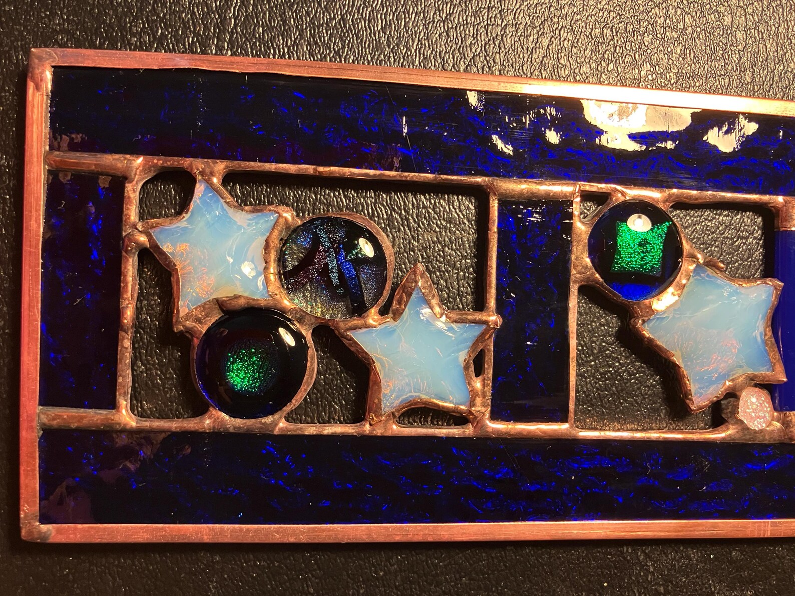 Cobalt Blue Stained Glass Suncatcher, Moonstone Stars, Dichroic Accents ...