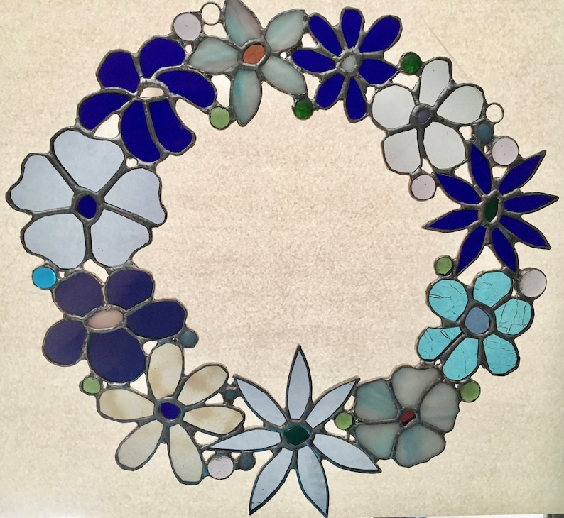 Blue Stained Glass Flower Wreath or Window Hanging, Stain Glass Flowers ...