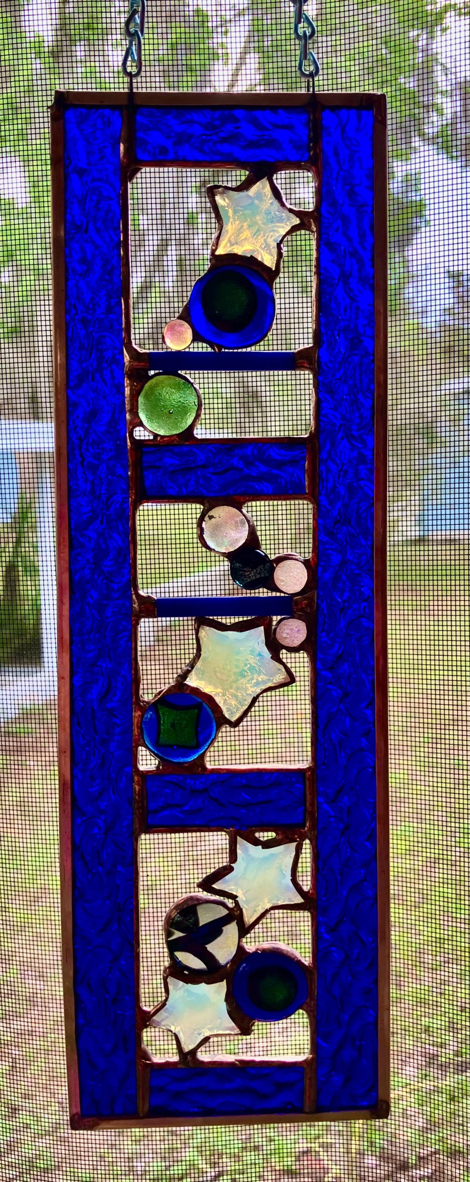 Cobalt Blue Stained Glass Suncatcher, Moonstone Stars, Dichroic Accents ...