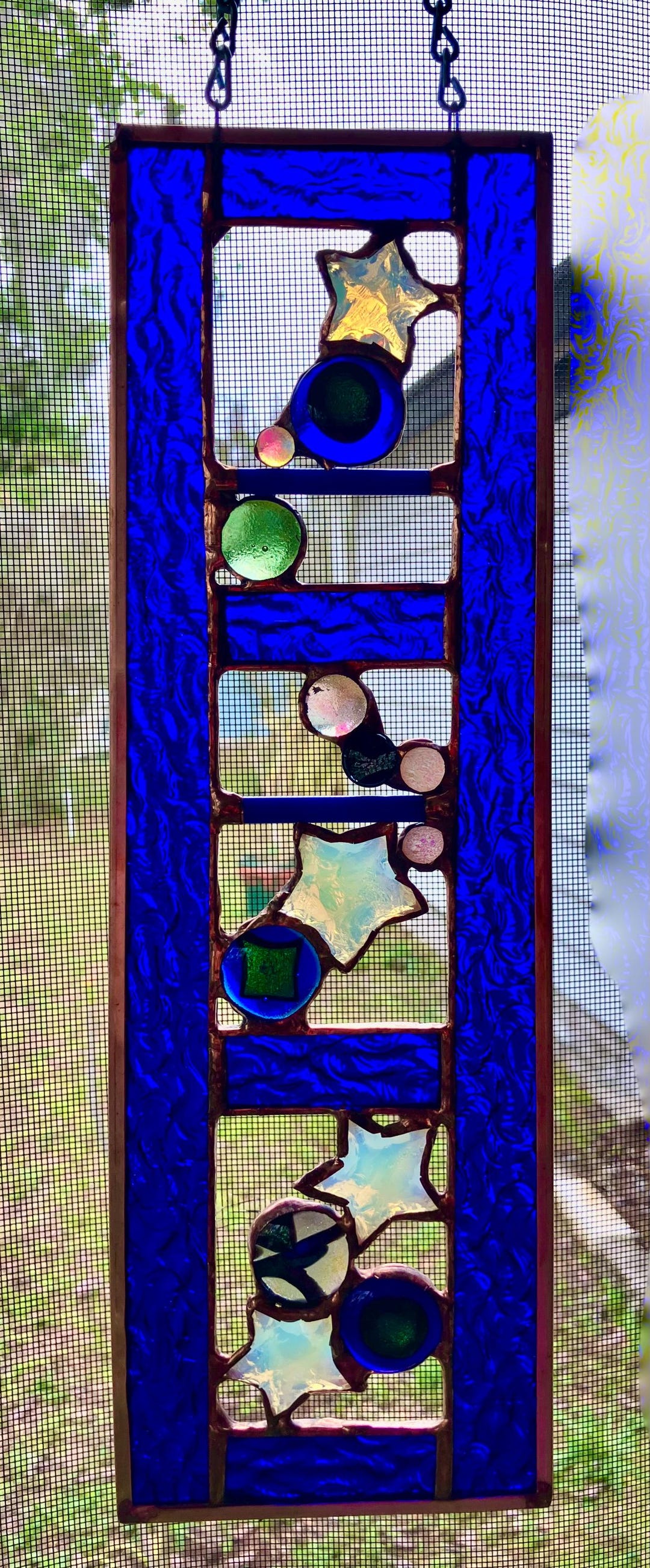 Cobalt Blue Stained Glass Suncatcher, Moonstone Stars, Dichroic Accents ...