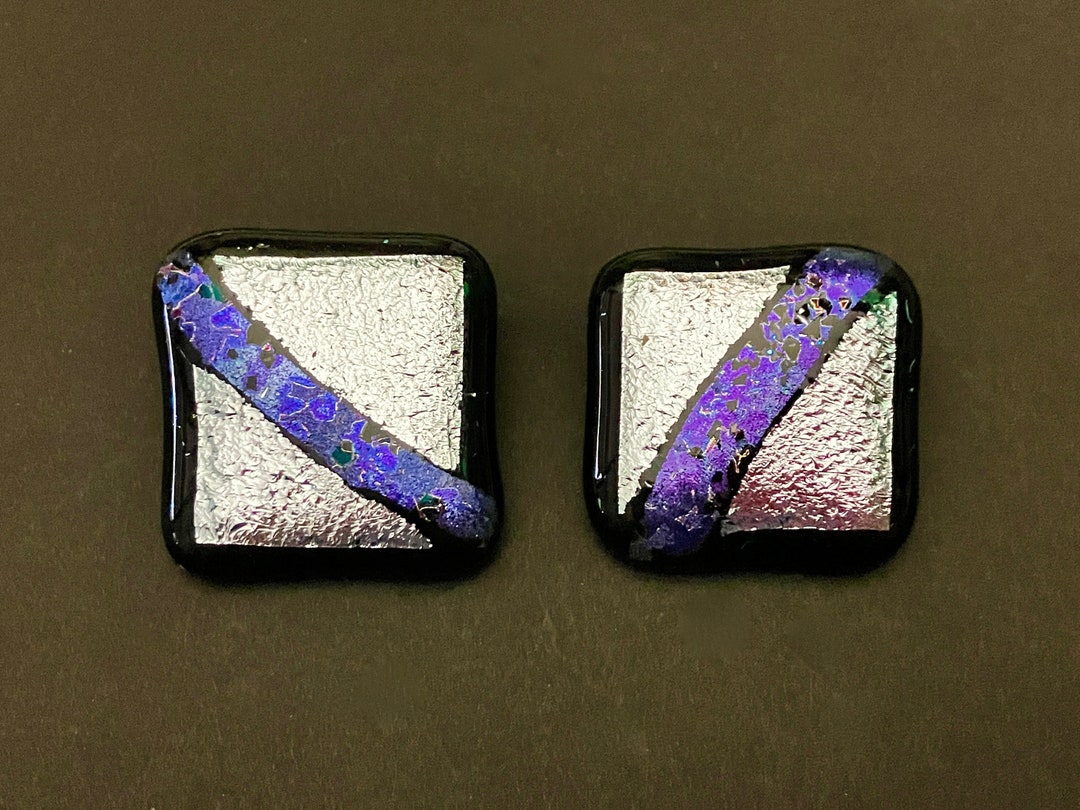 Silver Blue Dichroic Fused Glass Buttons, 2 Art Glass 1.25 Buttons ...