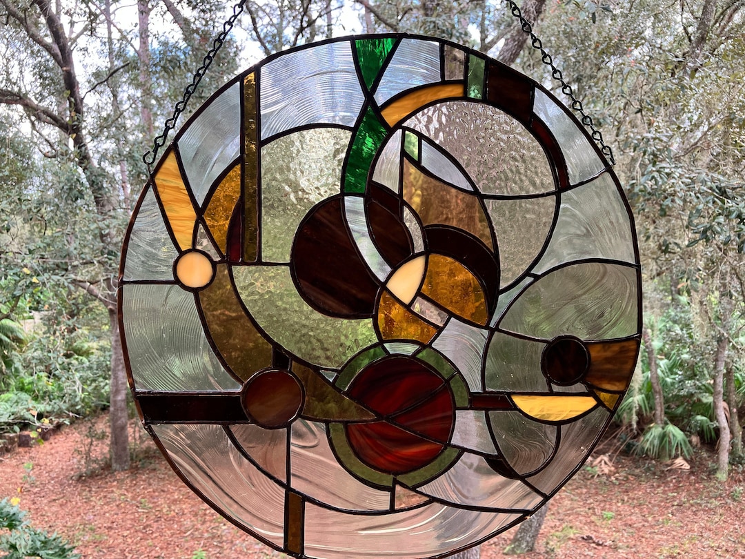 Earth Tone Geometric Abstract Stained Glass Art Window Hanging Adds ...