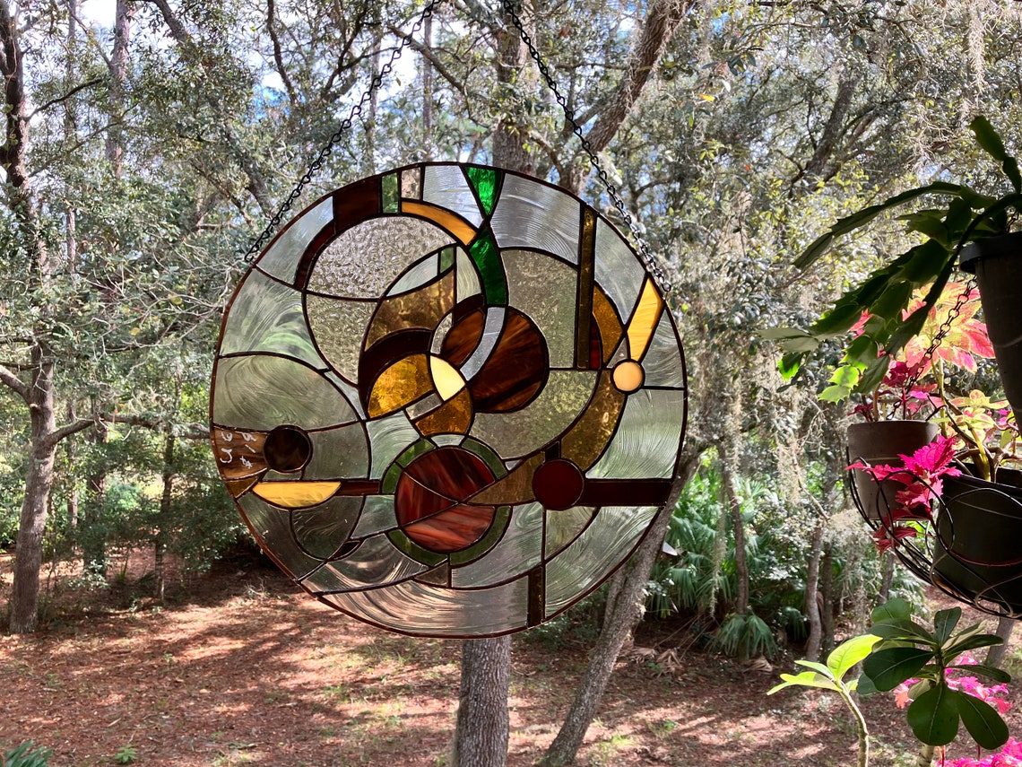 Earth Tone Geometric Abstract Stained Glass Art Window Hanging - Etsy