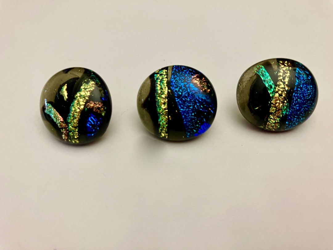 Blue Dichroic Fused Glass Buttons, Set of 3 Art Glass 3/4" Buttons ...