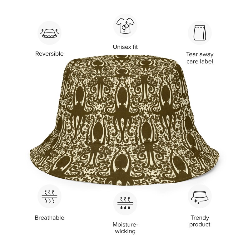 Tendrils & Tentacles Octopus Damask Reversible Bucket Hats in Pink and ...