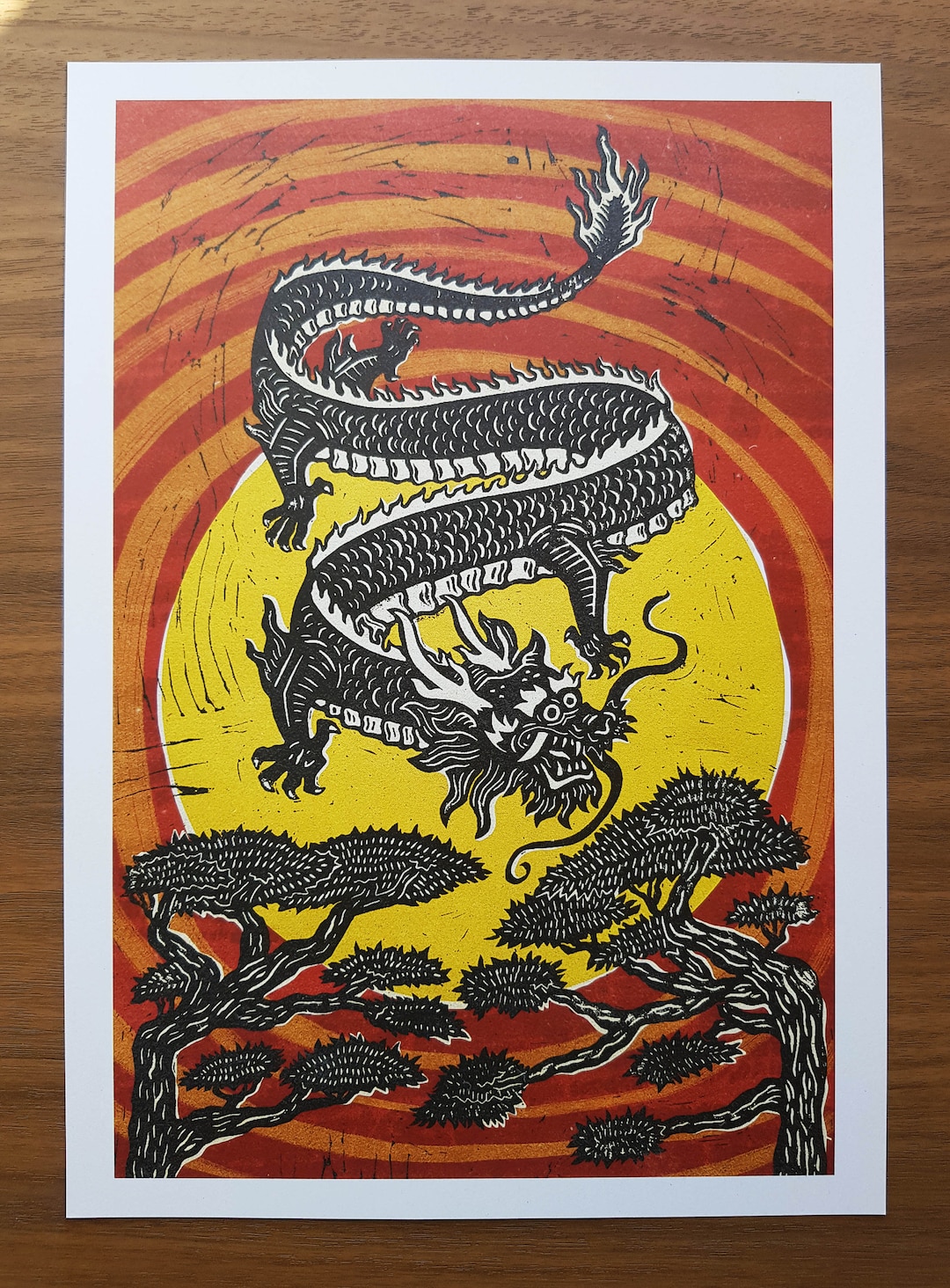Dragon Art Print - Mythology Linocut Illustration Print A4 - Home Decor ...